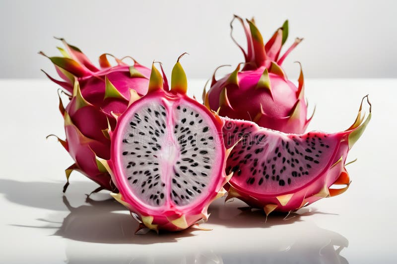 Fresh View of Split Dragon Fruit on White Table Stock Illustration ...
