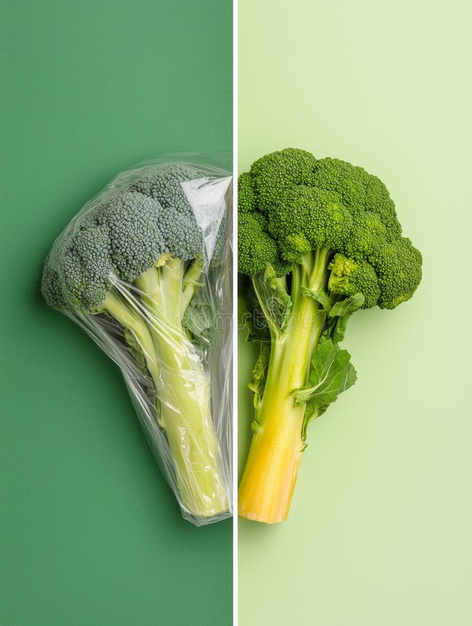 Fresh Vs. Packaged Broccoli on Two-tone Green Background Stock Photo ...