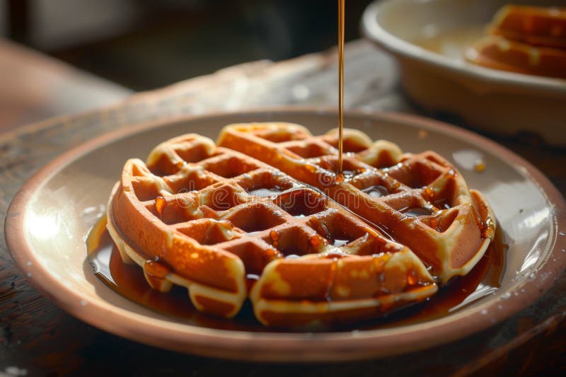 Fresh Waffle on Plate with Dripping Syrup Stock Image - Image of syrup ...