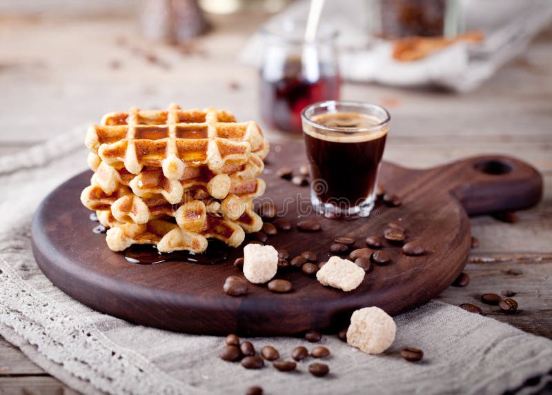 Fresh Waffles With Maple Syrup And Coffee Stock Photo - Image of ...