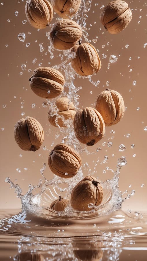 Fresh Walnuts Splashing into Water, Creating a Vibrant and Refreshing ...