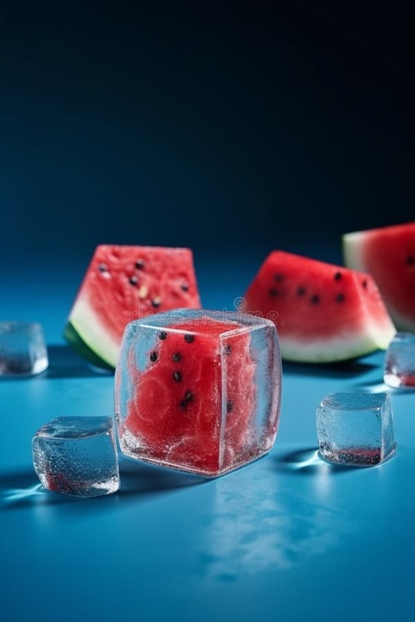 Fresh Watermelon and Ice Cubes on Blue Background Generated by Ai Stock ...