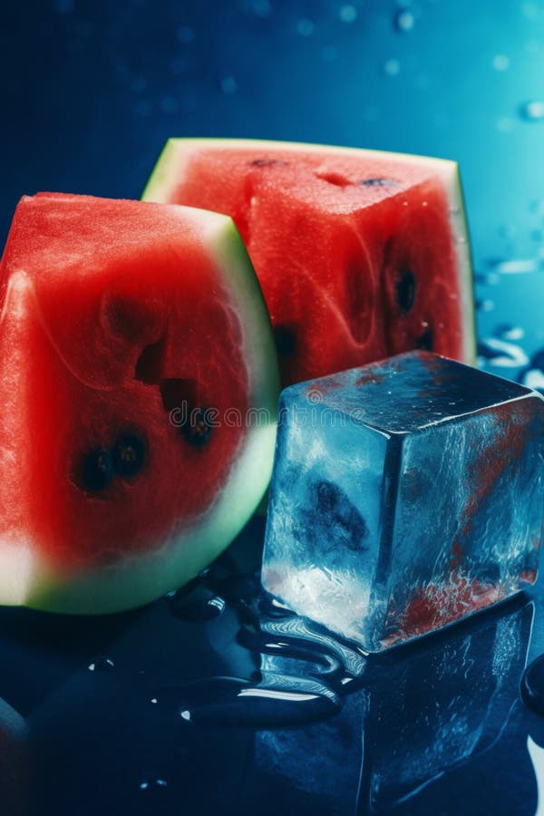 Fresh Watermelon and Ice Cubes on Blue Background Generated by Ai Stock ...