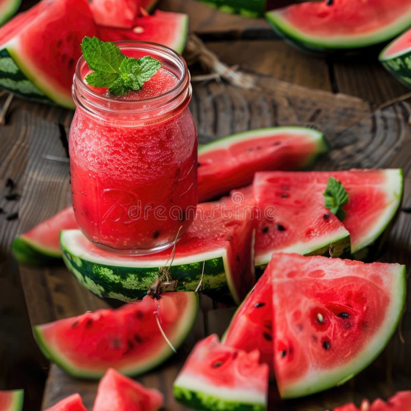 Fresh Watermelon Juice in a Jar on Watermelon Slices, Perfect for ...