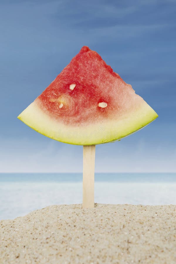 Fresh Watermelon on Sandy Tropical Beach Stock Image - Image of blue ...