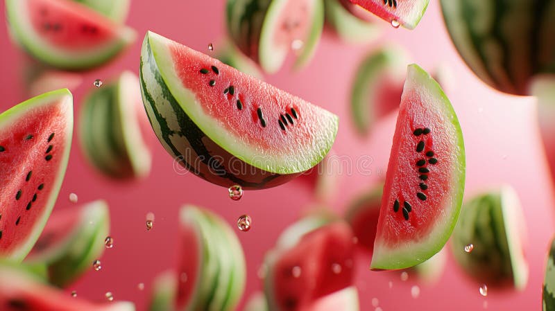 Fresh Watermelon Slices Falling Air Pink Background Stock Photos - Free ...