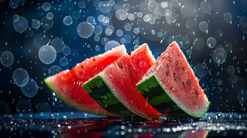Fresh Watermelon Slices Splashed with Water Droplets Under Blue Light ...