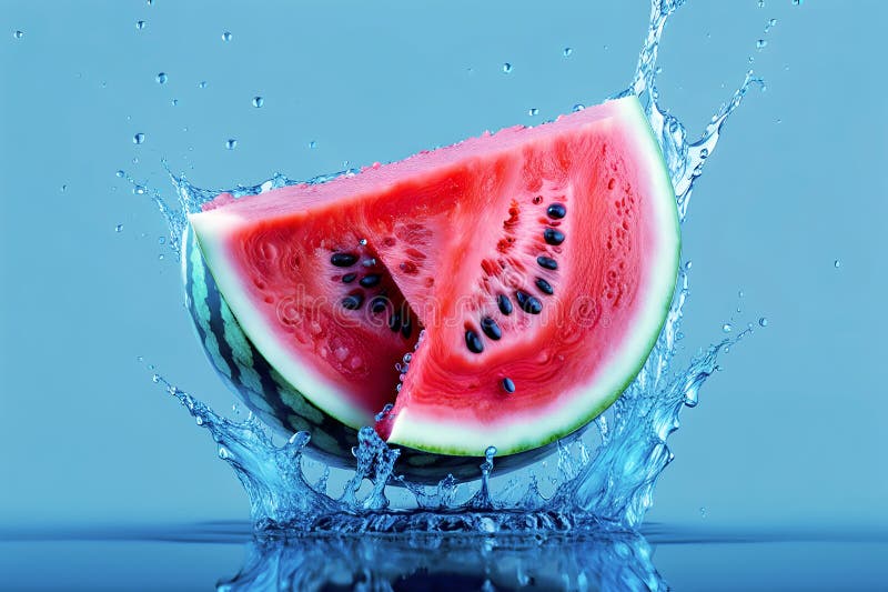 Fresh Watermelon Splash in Blue Background, Water Drops Stock ...