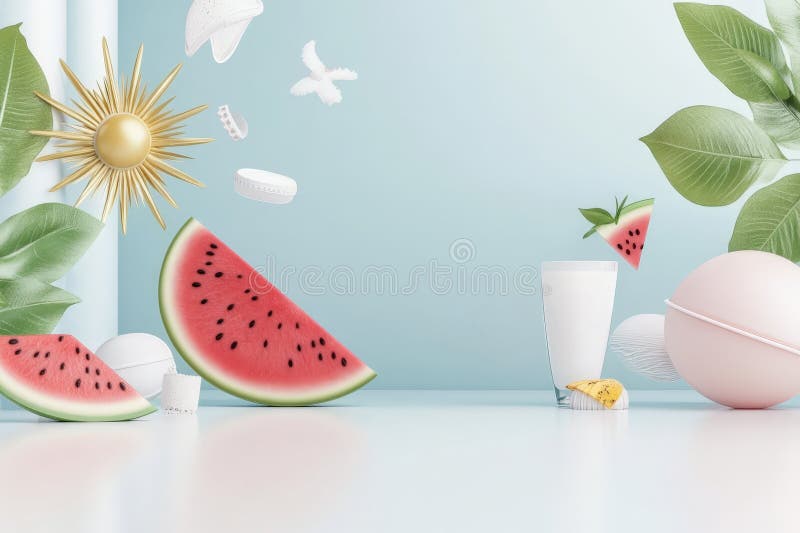 Fresh Watermelon and Tropical Elements on Light Blue Background Stock ...