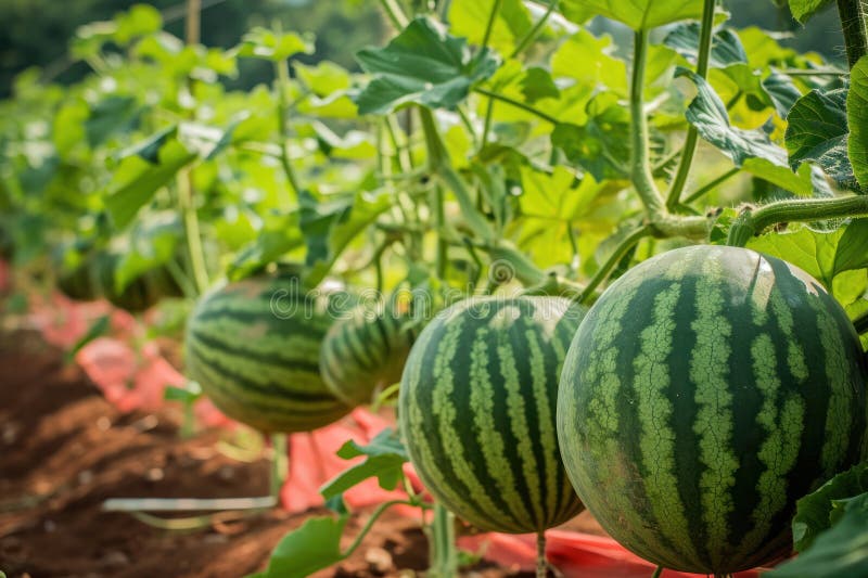 Fresh Watermelons Growing on the Vine in a Sunny Field Stock ...