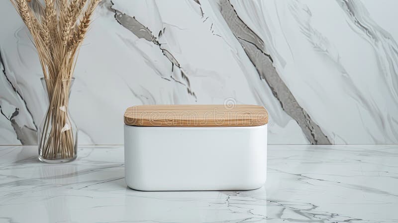A Fresh, White Bread Loaf Sits in a Ceramic Bread Box on a Wood ...