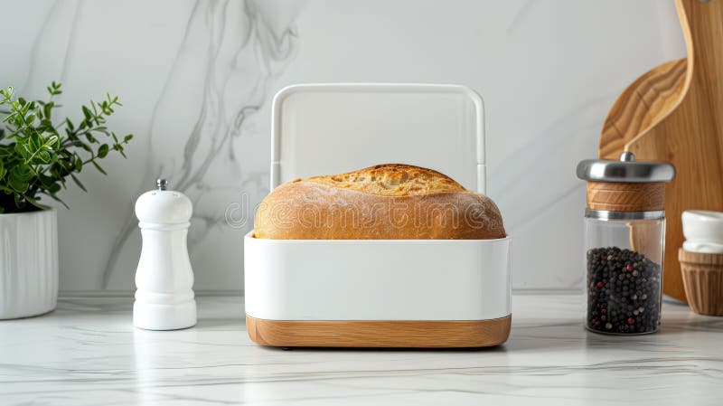 A Fresh, White Bread Loaf Sits in a Ceramic Bread Box on a Wood ...
