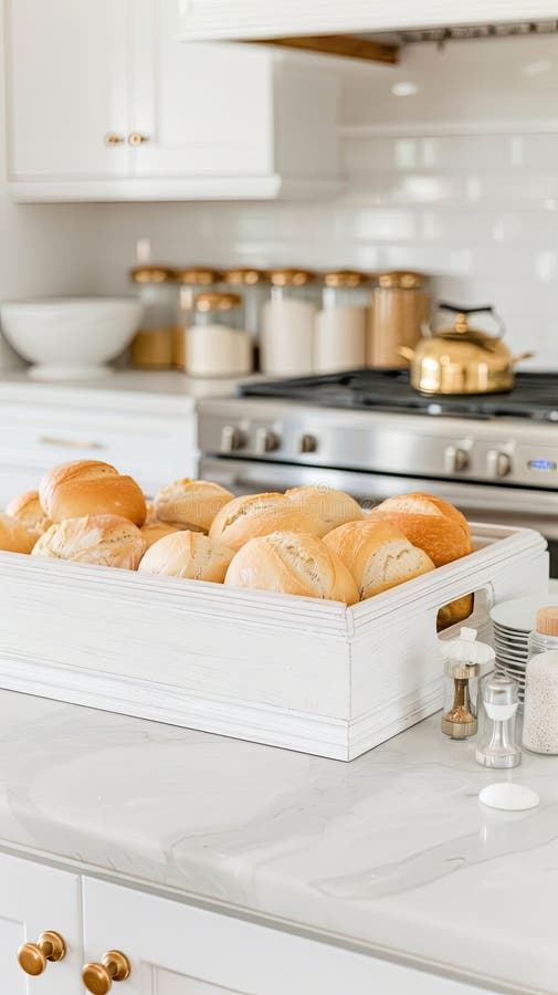 A Fresh, White Bread Loaf Sits in a Ceramic Bread Box on a Wood ...