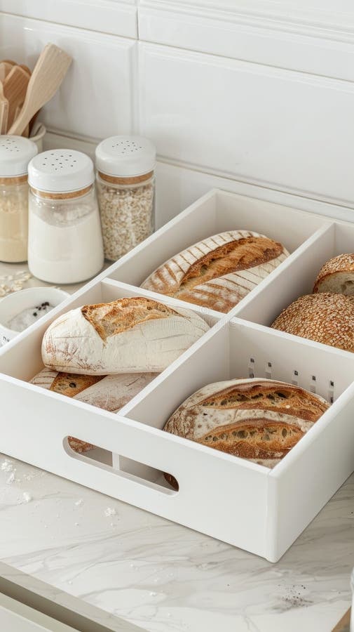 A Fresh, White Bread Loaf Sits in a Ceramic Bread Box on a Wood ...