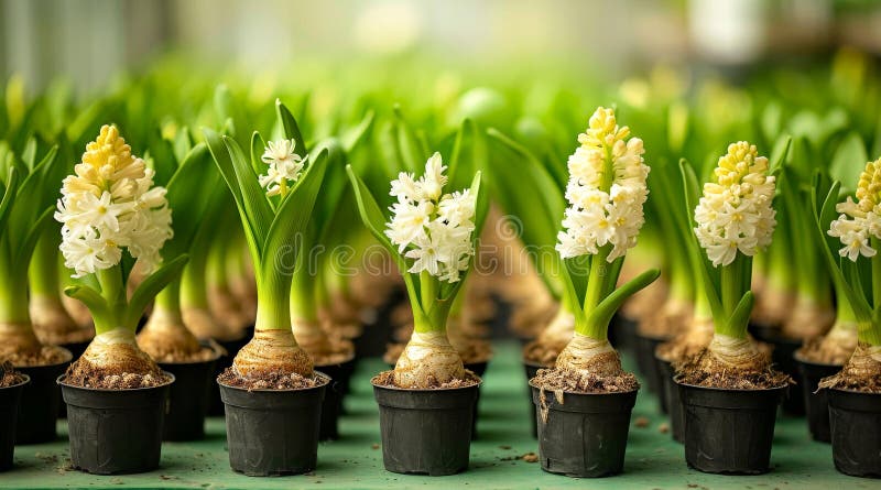 Fresh White Hyacinth Bulbs Sprouting Vibrant Green Leaves in Soft ...