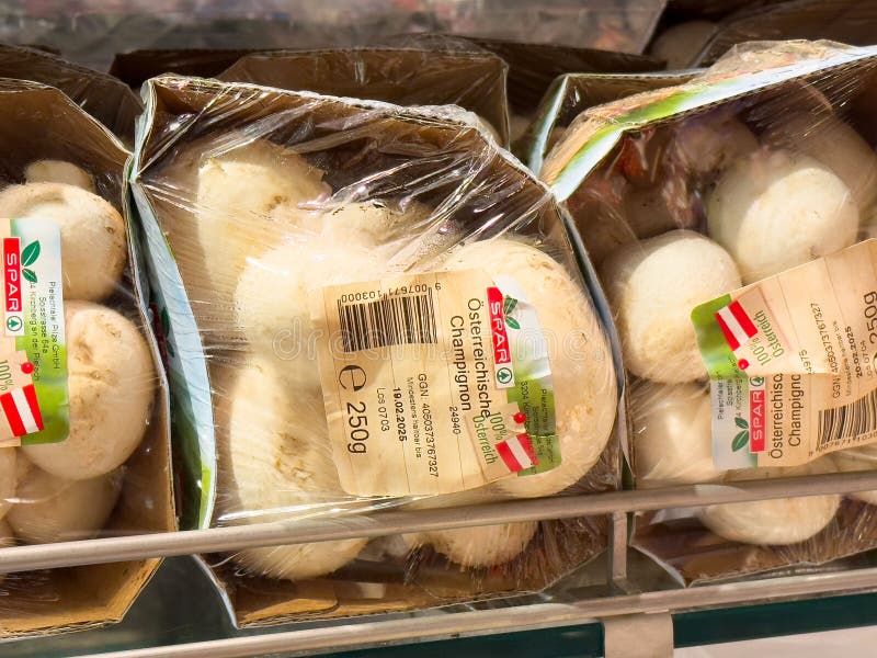 Fresh White Mushrooms Plastic Packaging Supermarket Shelf Stock Photos ...