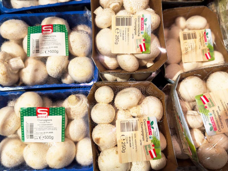 Fresh White Mushrooms in Supermarket Display with Packaging Labels and ...