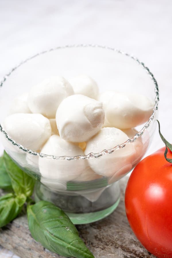 Fresh White Soft Mini Mozzarella Balls Served with Red Tomato and Fresh ...