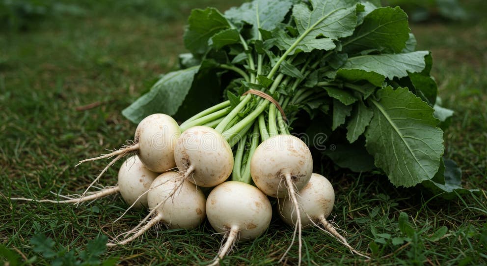 Fresh White Turnips with Green Leaves on Grass Stock Illustration ...