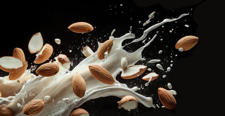 Fresh Whole Almonds Exploding in a Splash of Almond Milk, Capturing the ...
