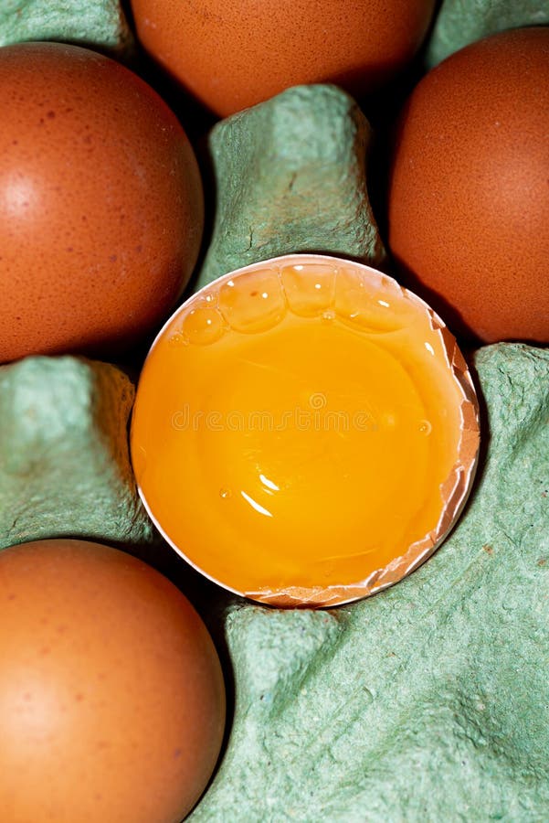 Fresh Whole Chicken Eggs and One Broken Egg, Vertical Closeup Stock ...