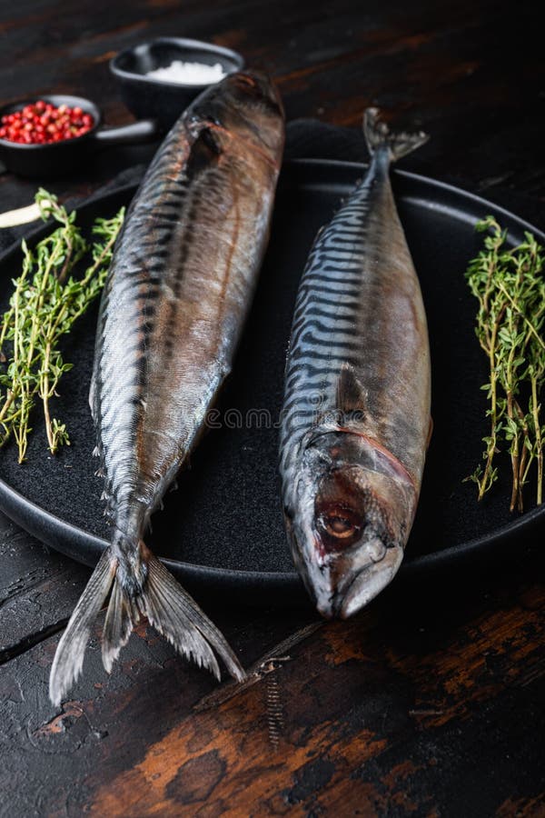 Fresh Whole Scomber with Ingredients on Wooden Table Stock Photo ...