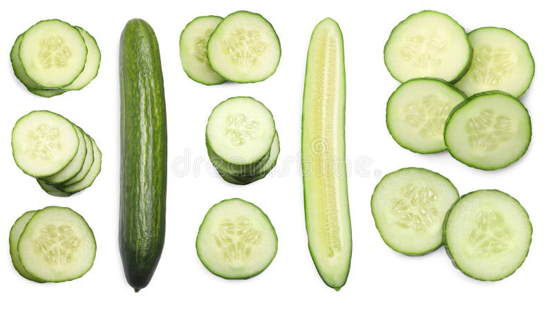 Fresh Whole and Sliced Cucumbers Isolated on White, Collage Stock Photo ...