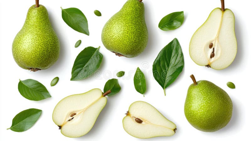 Fresh Whole and Sliced Pears with Leaves on White Background Stock ...