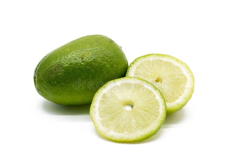 Fresh Whole and Slices Green Lemons Isolated on White Background Stock ...