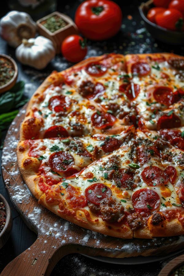 Fresh Wood Fired Pepperoni Pizza with Basil and Mozzarella on a Rustic ...