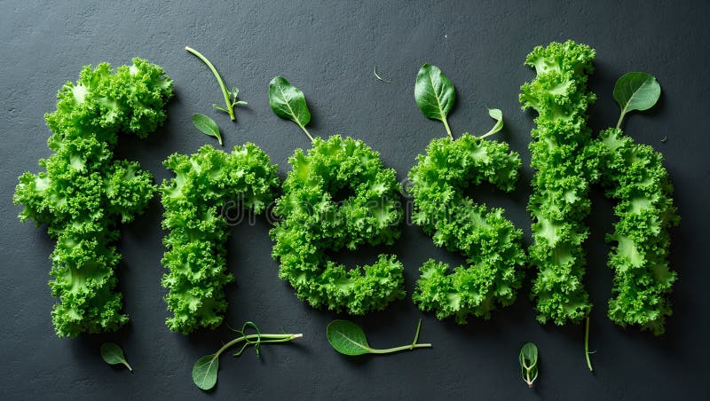 Fresh Word Spelled Out Using Leafy Greens on Dark Background Stock ...