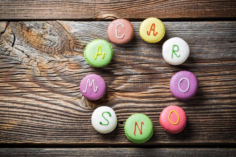 Fresh Words of Macaroons on Wooden Table Stock Image - Image of cream ...