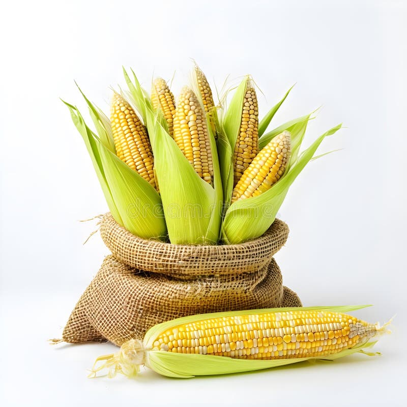 Fresh Yellow Corn Cobs in Burlap Sack on White Background Stock Photo ...