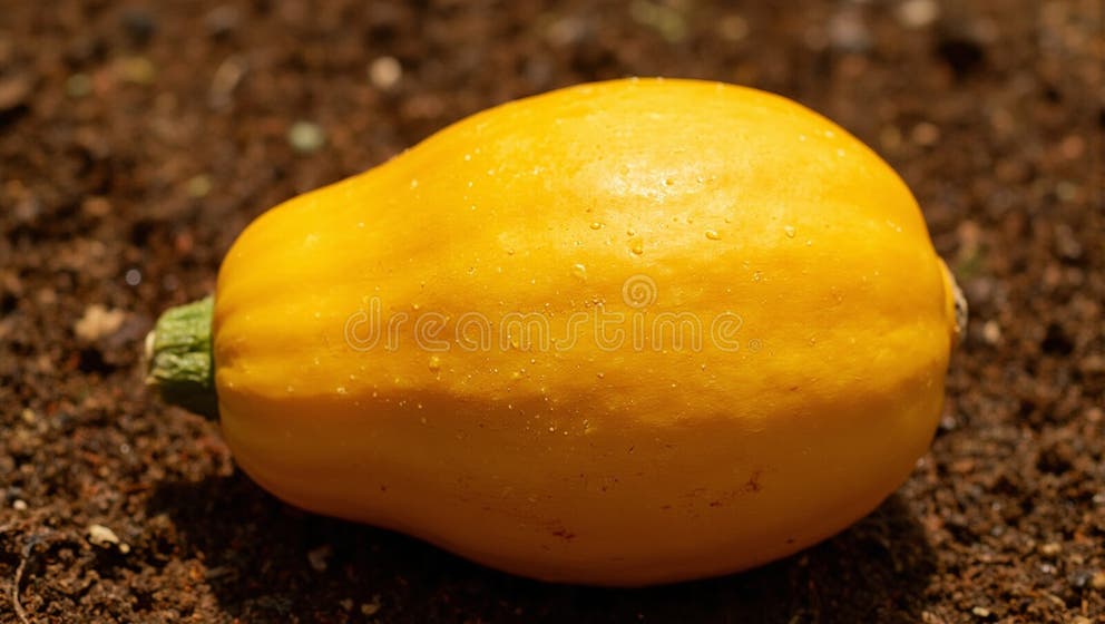 Fresh Yellow Kabocha Squash with Dew Drops on the Soil Stock ...