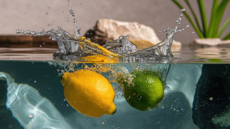 Fresh Yellow Lemon and Green Lime Splash Dramatically into Clear Water ...