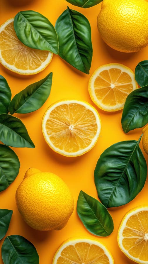 Fresh Yellow Lemons with Green Leaves on Vibrant Yellow Background ...