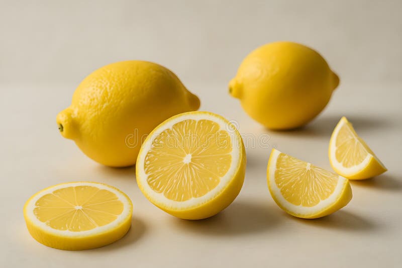 Fresh Yellow Lemons and Lemon Slices on a Light Neutral Backdrop ...