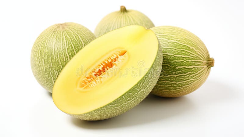 Fresh Yellow Melon Cut Open, Surrounded by Whole Melons on a White ...