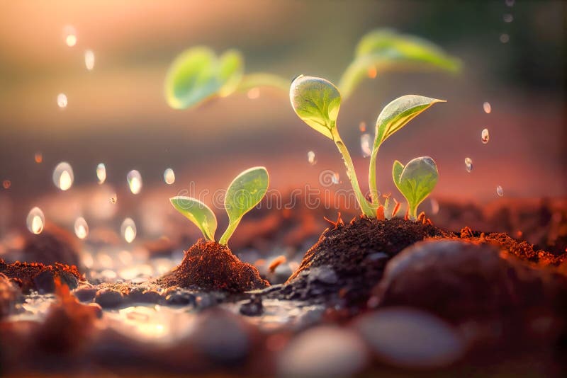 Fresh Young Sprouts Grow Out of the Ground in Sunset. Generative AI ...