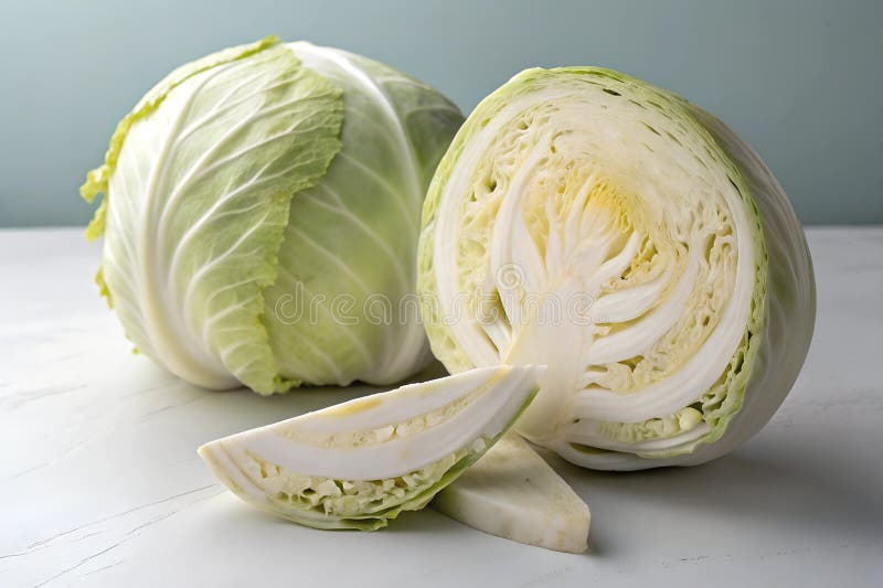 Fresh Young White Cabbage with Cut Portion Revealing Layers on a Clean ...