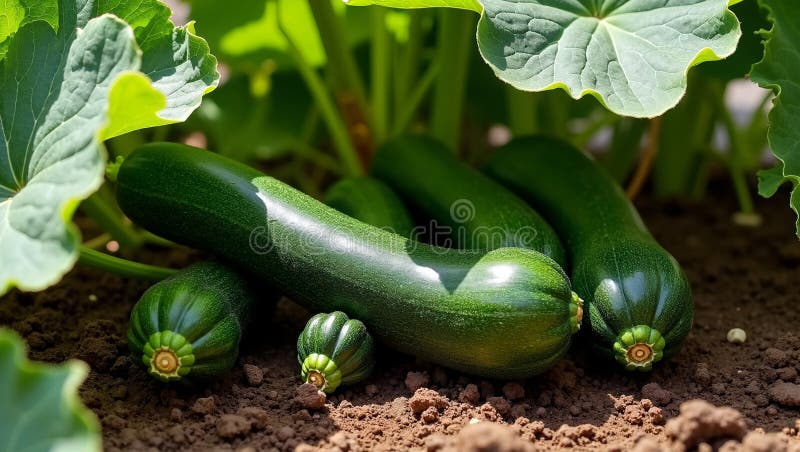 Fresh Zucchinis Basking in Sunlight on Rich Soil Surrounded by Lush ...