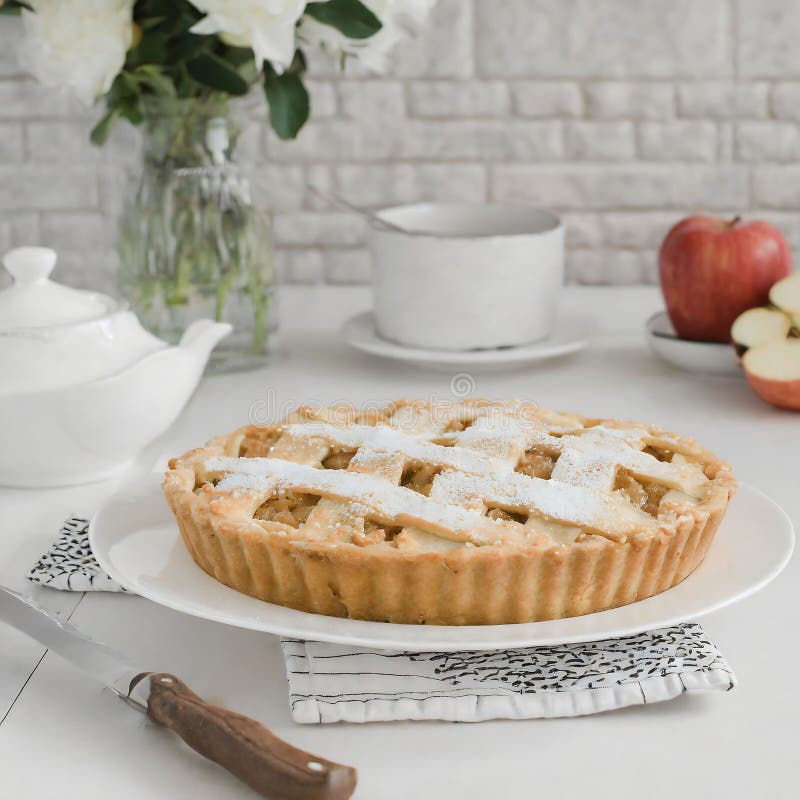 A Freshly Baked Apple Pie Presented in a White, Modern Kitchen, Evoking ...