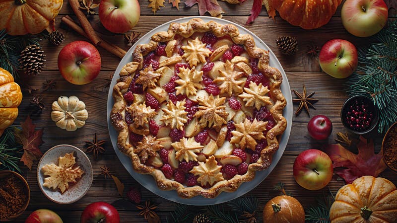 Apple and Raspberry Pie with Fall Decorations Stock Illustration ...