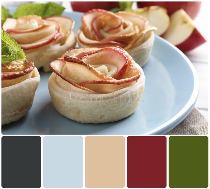 Freshly Baked Apple Roses on Plate and Color Palette. Collage Stock ...