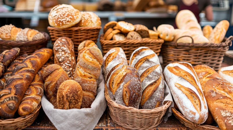 Freshly Baked Artisan Bread Assortment Display in Baskets Stock ...