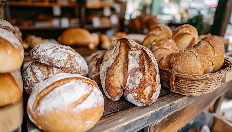 Freshly Baked, Artisan Bread Loaves on Display. Rustic Bakery Selection ...