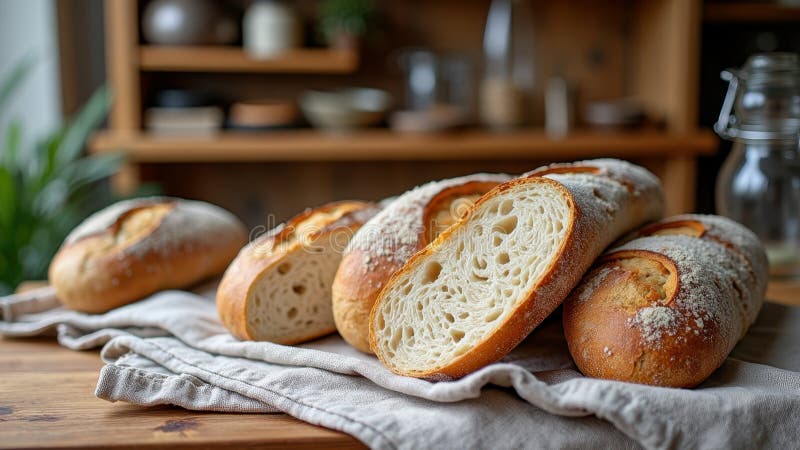 Freshly Baked Artisan Bread Loaves on Rustic Wooden Table Stock Image ...