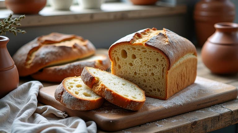 Freshly Baked Artisan Bread on Rustic Wooden Table with Clay Pots in ...