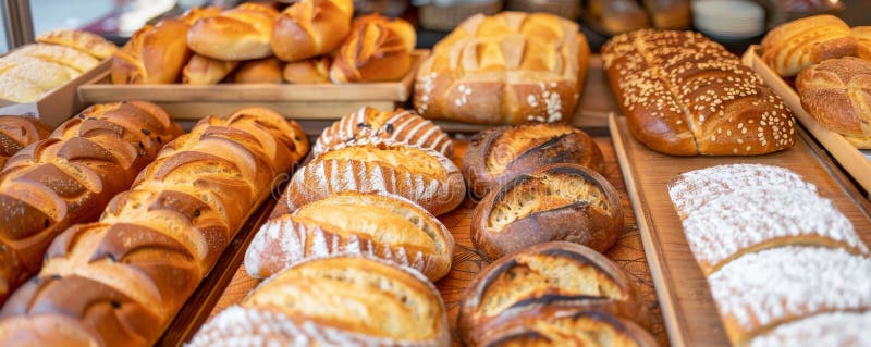 Freshly Baked Assorted Bread on Display at a Bakery Counter Stock Photo ...