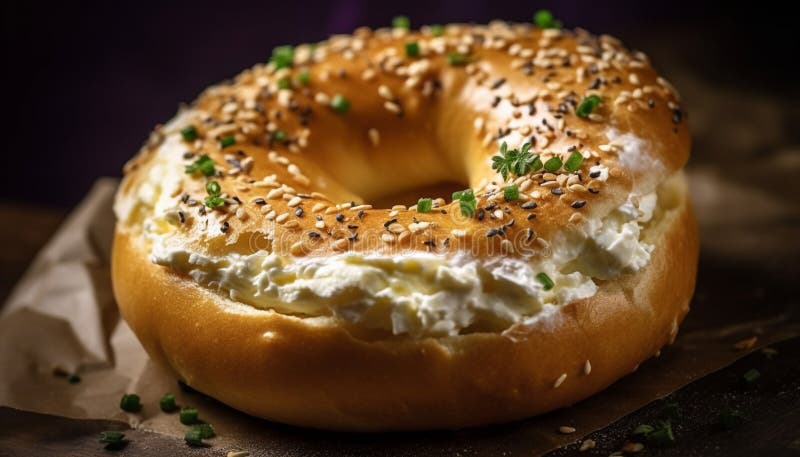 Freshly Baked Bagel on Rustic Cutting Board, Ready To Eat Indulgence ...